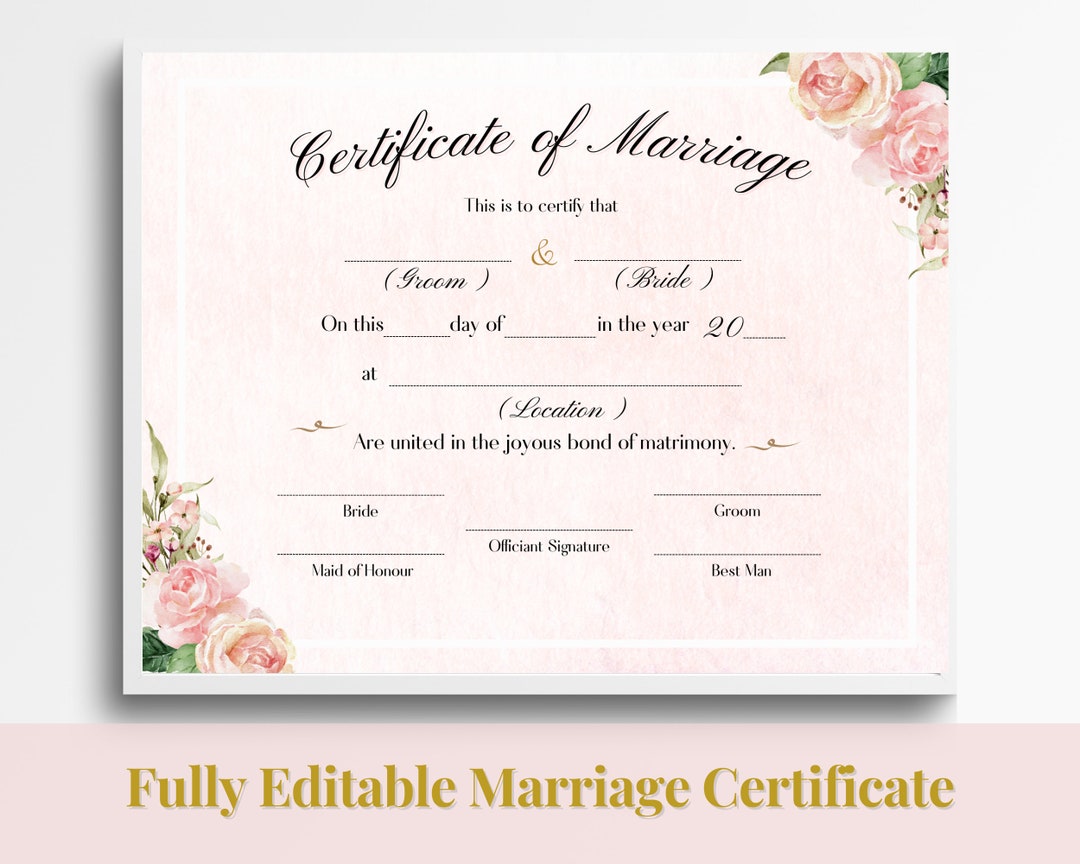 Modern Wedding Certificate Template, Editable Printable Certificate of ...
