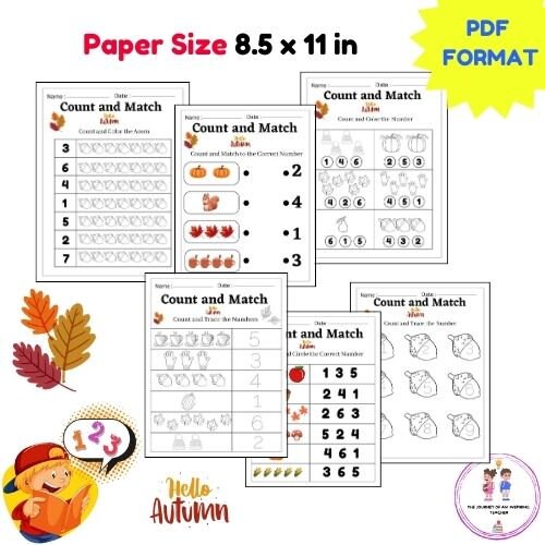 Autumn Number Match Worksheets: Engaging Counting Fall Activities for ...