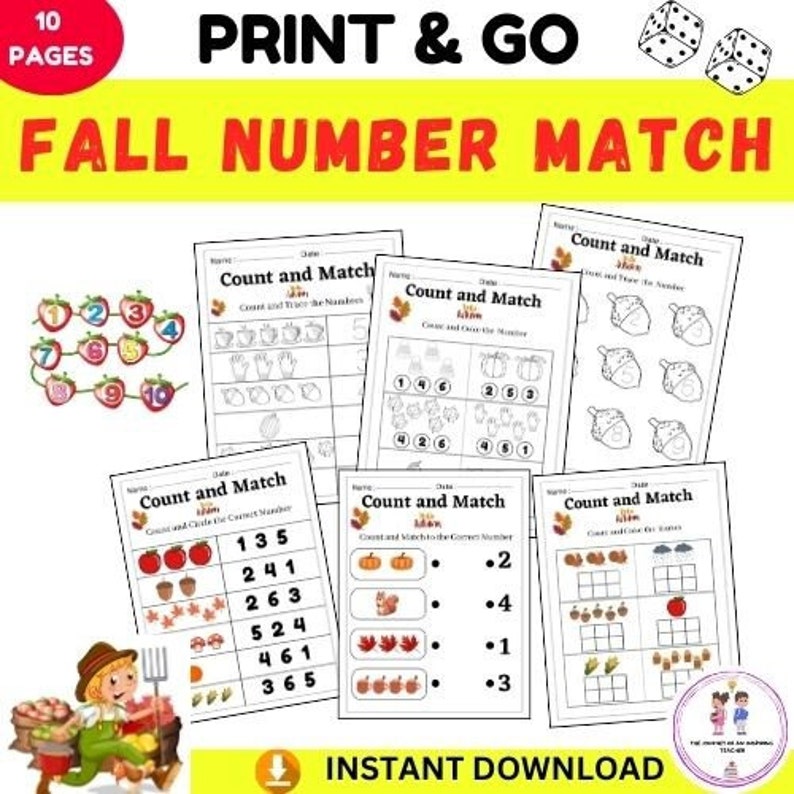 Autumn Number Match Worksheets: Engaging Counting Fall Activities for ...