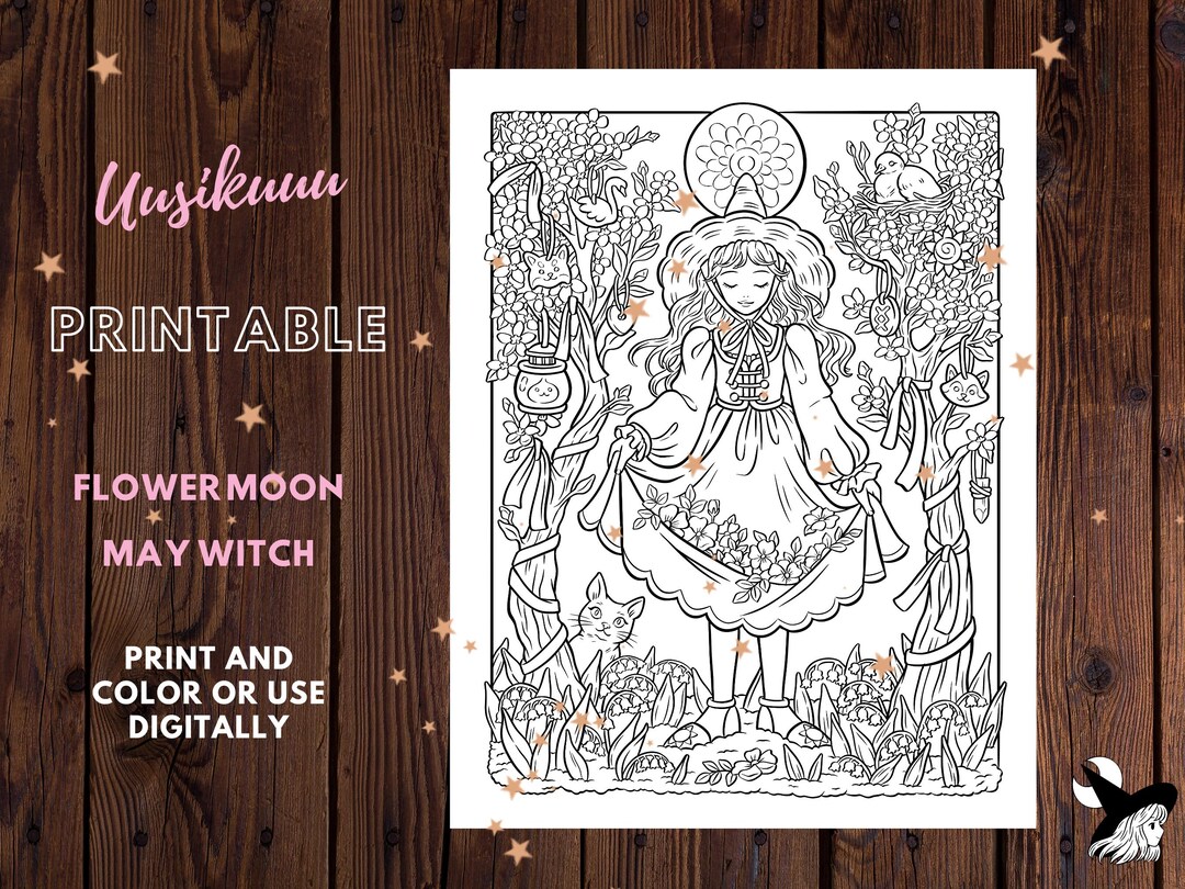 Flower Moon May Full Moon Witch Printable Coloring Page - Etsy