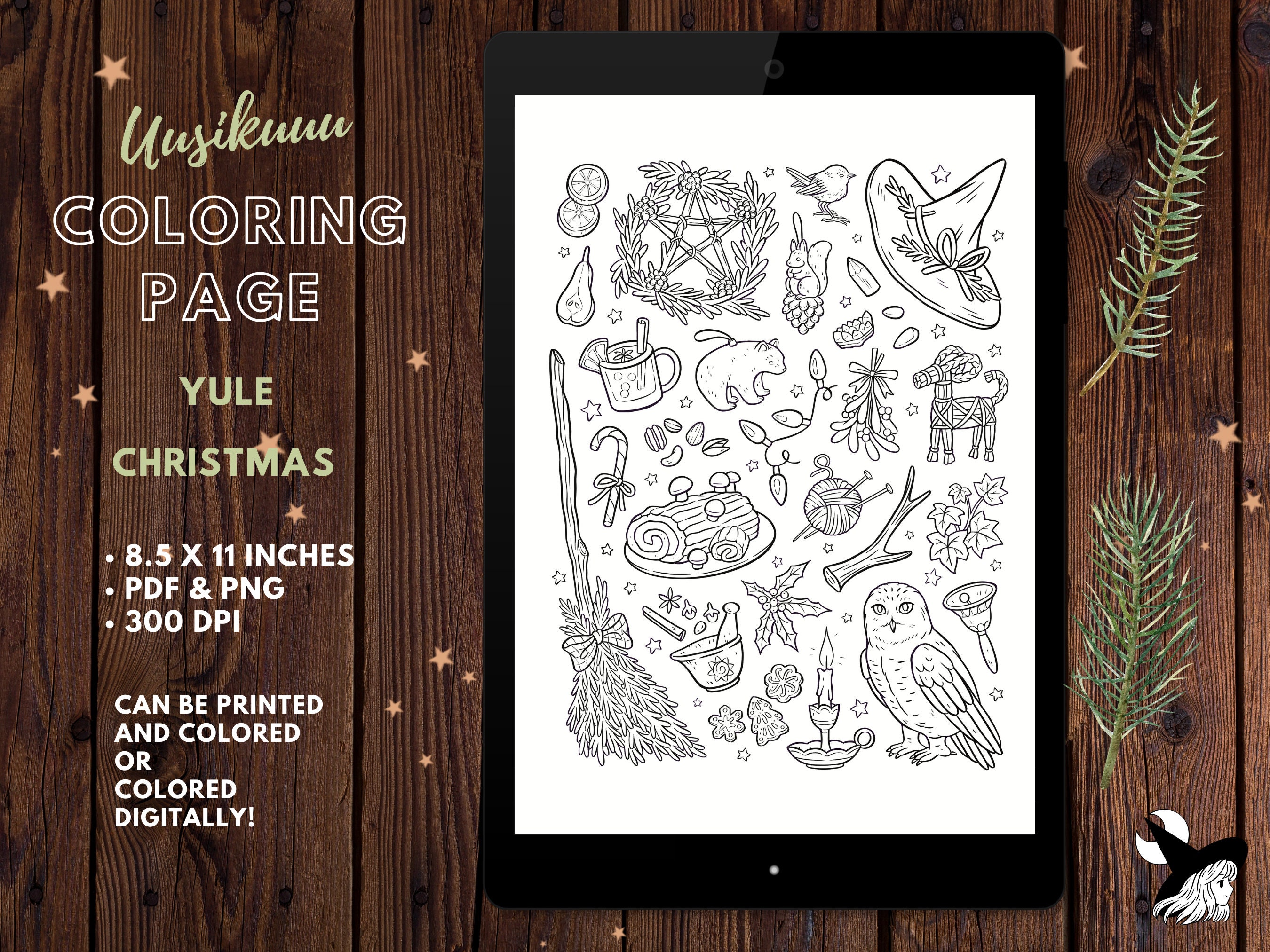 Yule Christmas Coloring Page Witch Digital Printable - Etsy