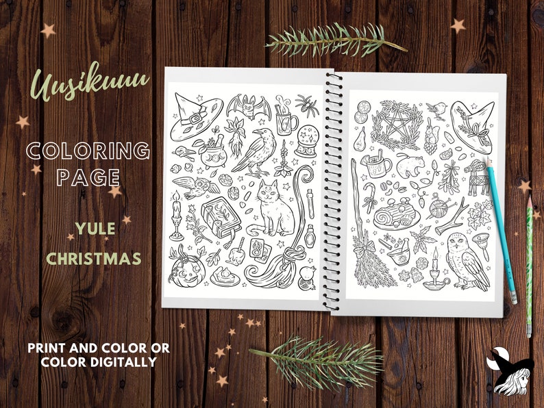 Yule Christmas Coloring Page Witch Digital Printable - Etsy
