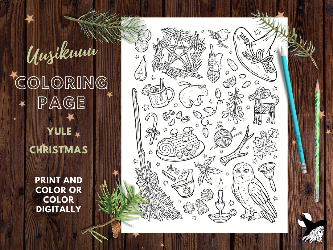 Yule Christmas Coloring Page Witch Digital Printable - Etsy
