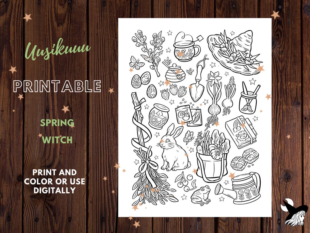 Spring Witch Printable Coloring Page - Etsy