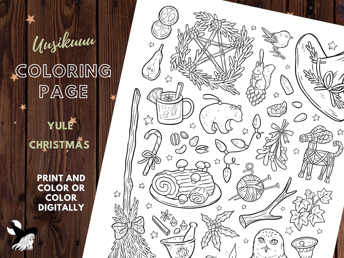 Yule Christmas Coloring Page Witch Digital Printable - Etsy