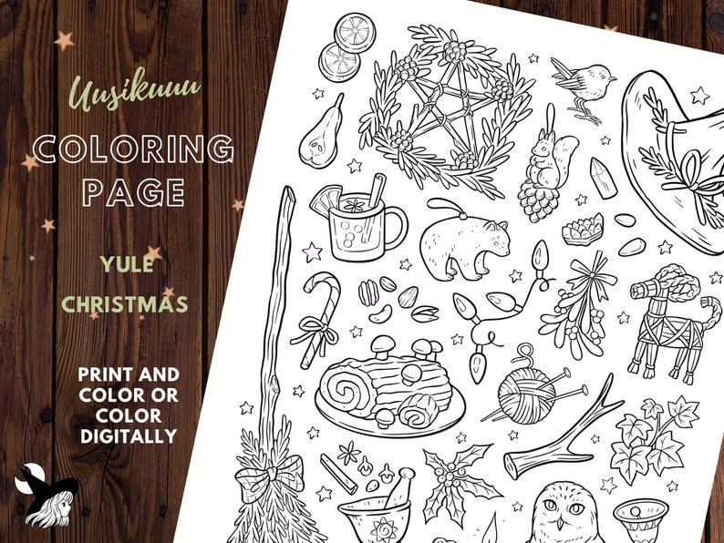 Yule Christmas Coloring Page Witch Digital Printable - Etsy