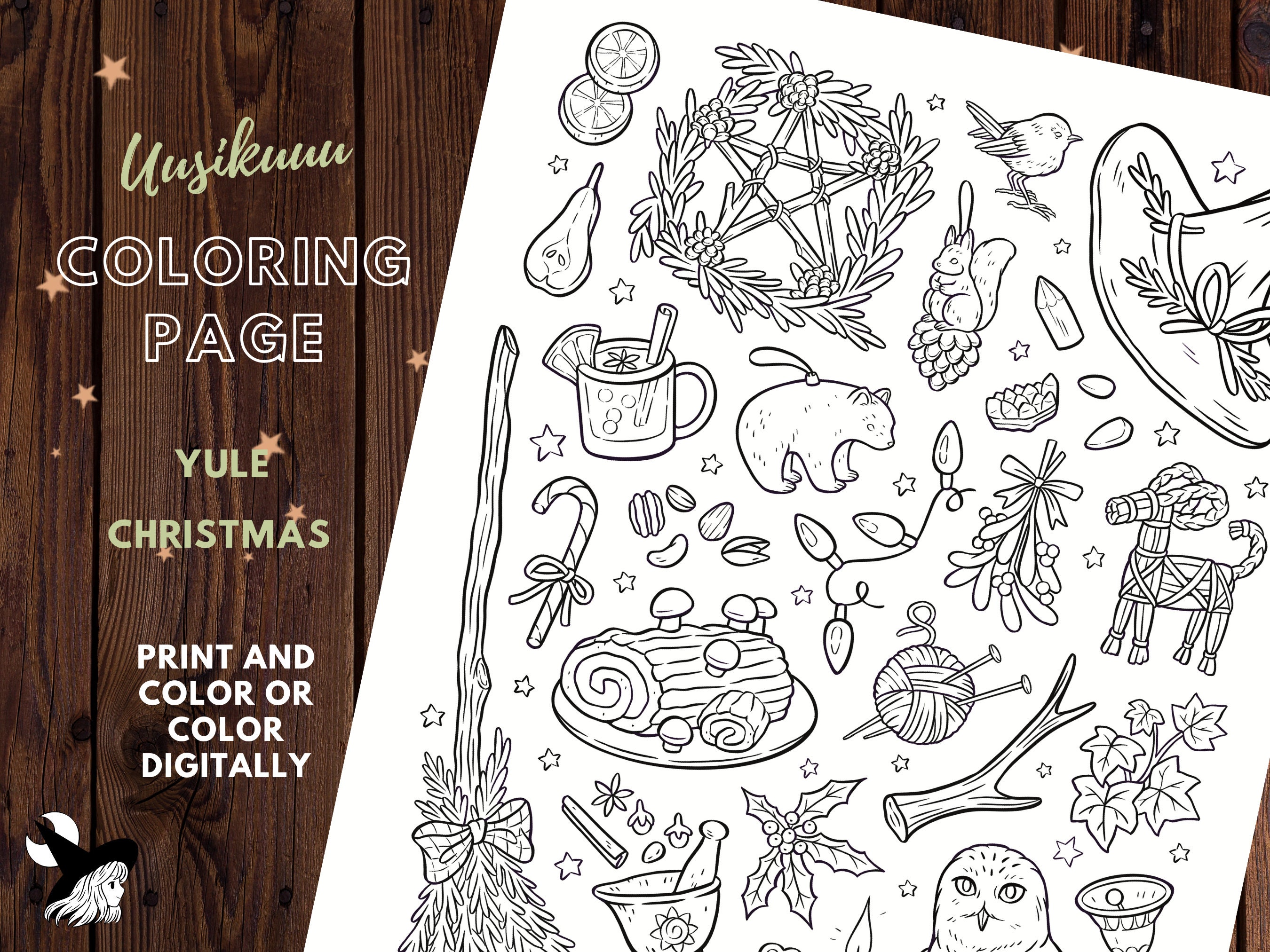 Yule Christmas Coloring Page Witch Digital Printable - Etsy