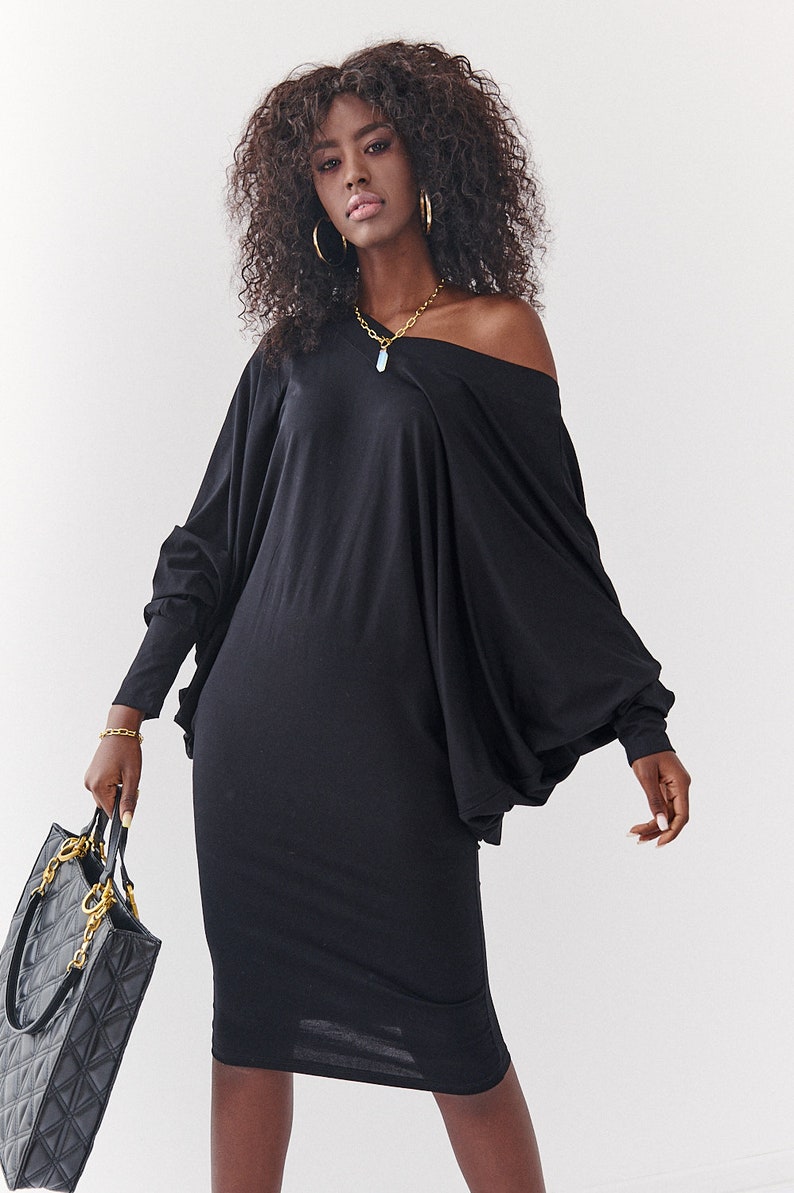 Elegant Black Batwing Midi Dress Versatile 3-in-1 Style for All Seasons ...