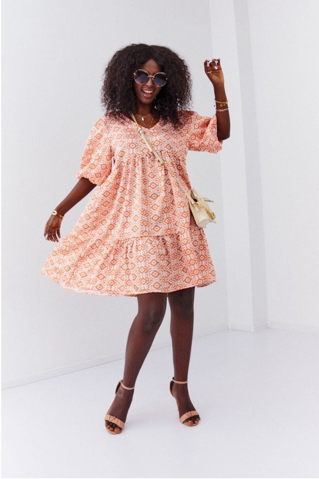 Flowy Orange V-neck Dress Airy Summer Pleated Chic Dress With Short ...