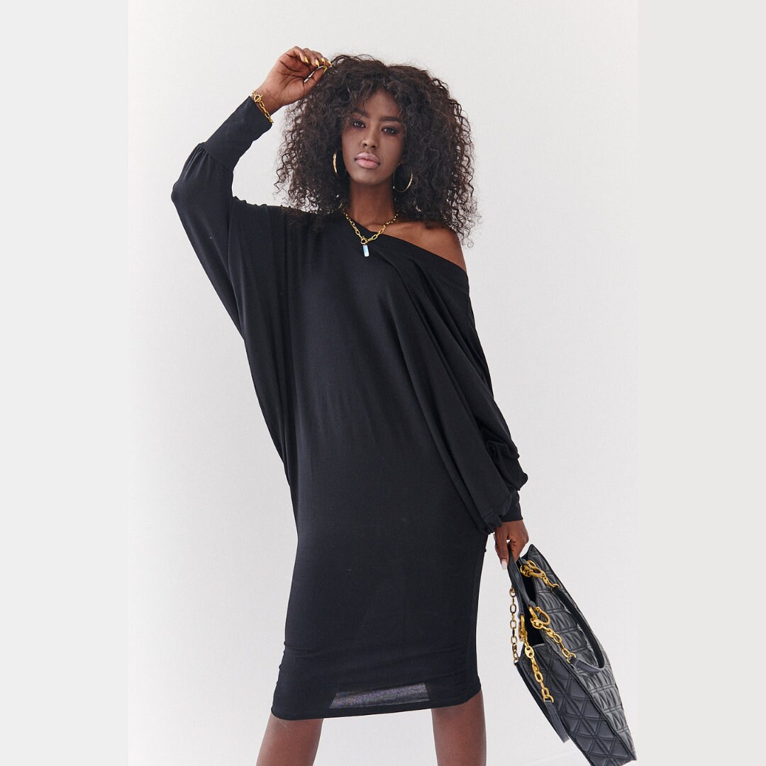 Elegant Black Batwing Midi Dress Versatile 3-in-1 Style for All Seasons ...