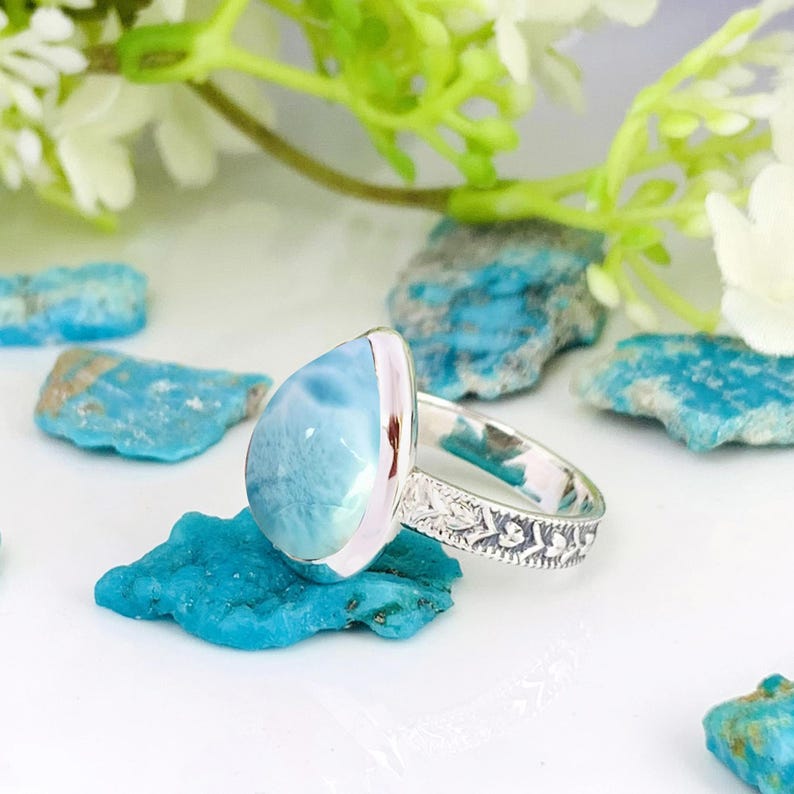 Handcrafted Ocean Blue Larimar Ring – Sterling Silver Statement Jewelry ...