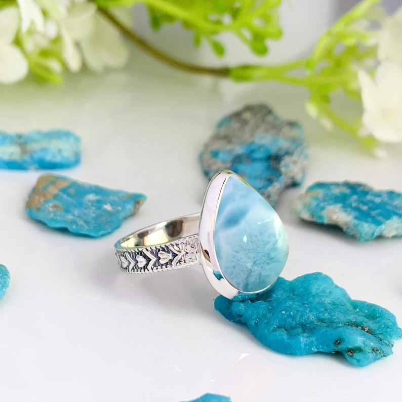 Handcrafted Ocean Blue Larimar Ring – Sterling Silver Statement Jewelry ...