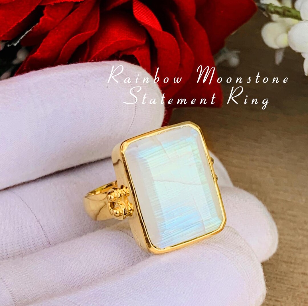 Big Moonstone Ring ~ Rainbow Moonstone Statement Ring ~ Silver and Gold ...