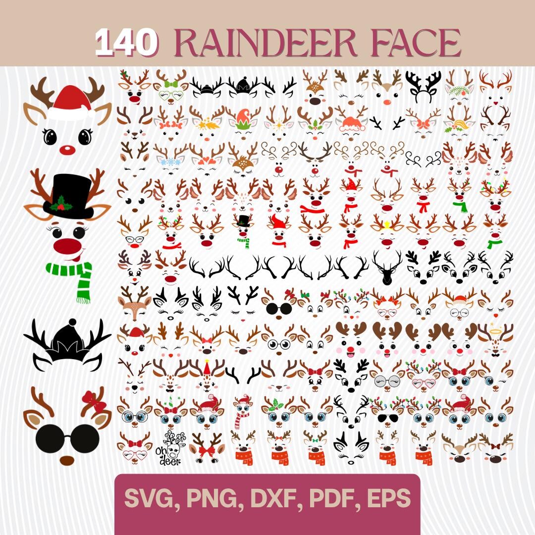 Reindeer Face Clipart Bundle, Christmas Card Design (digital Download ...