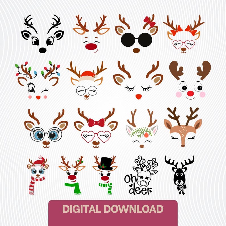 Reindeer Face Clipart Bundle, Christmas Card Design (digital Download ...