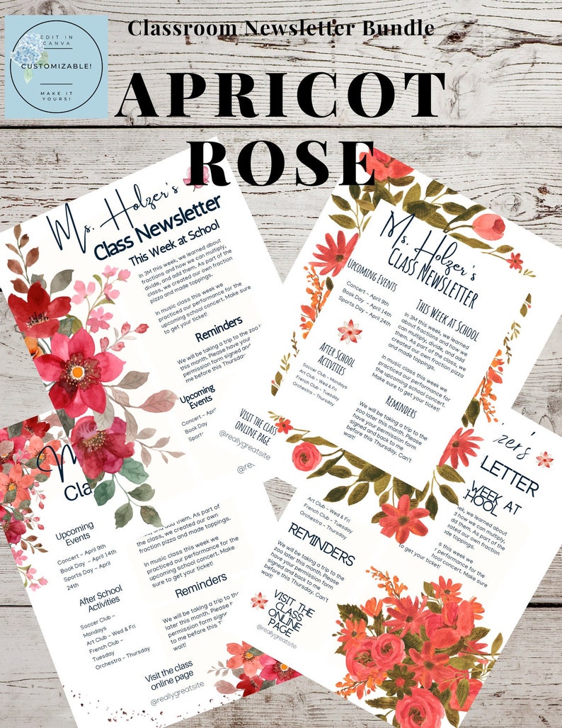 Apricot Rose Classroom Newsletter Bundle: Digital, Editable, Printable ...