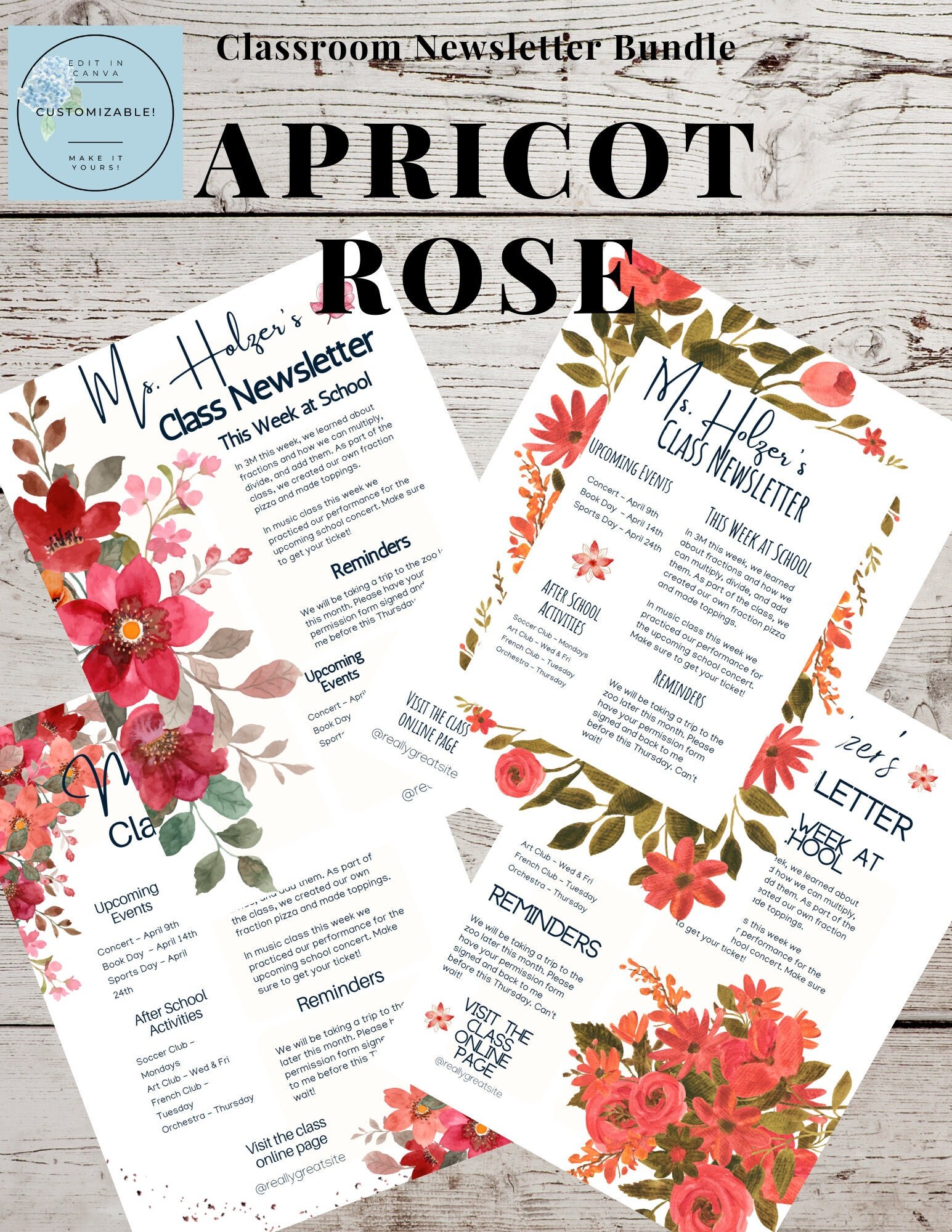 Apricot Rose Classroom Newsletter Bundle: Digital, Editable, Printable ...