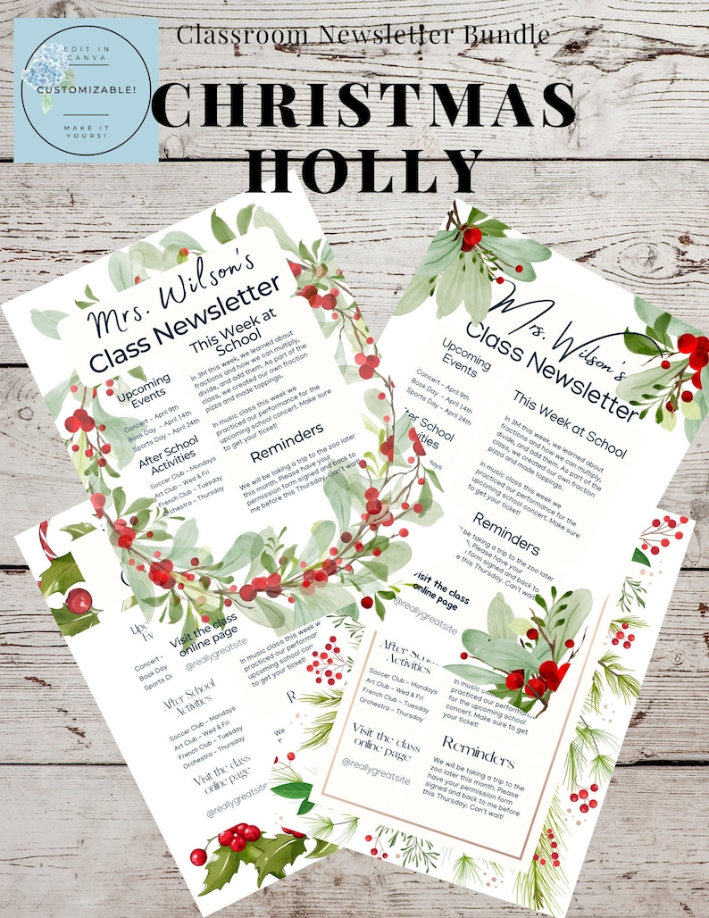 Christmas Holly Classroom Newsletter Bundle: Editable, Digital ...