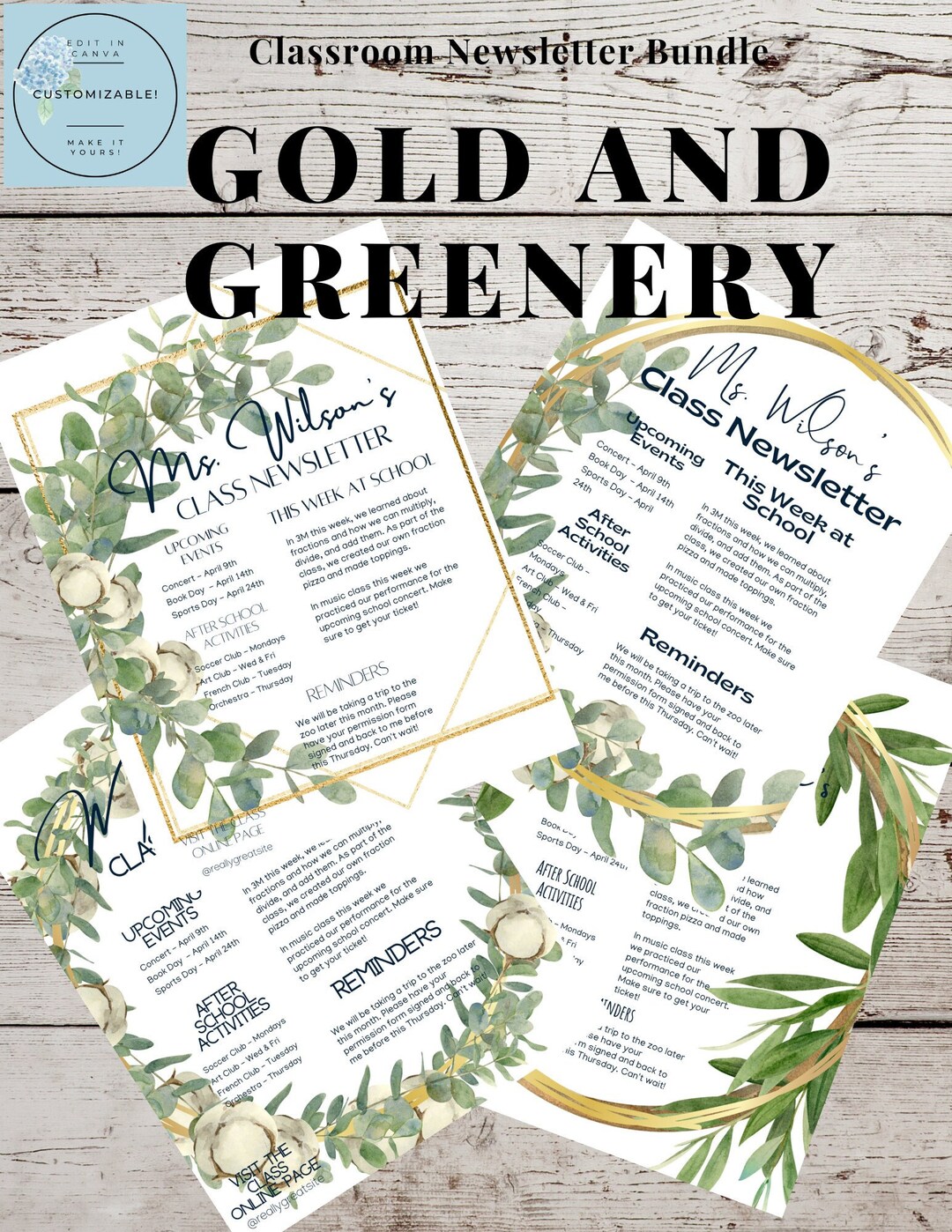 Gold and Greenery Classroom Newsletter Bundle: Digital, Editable ...
