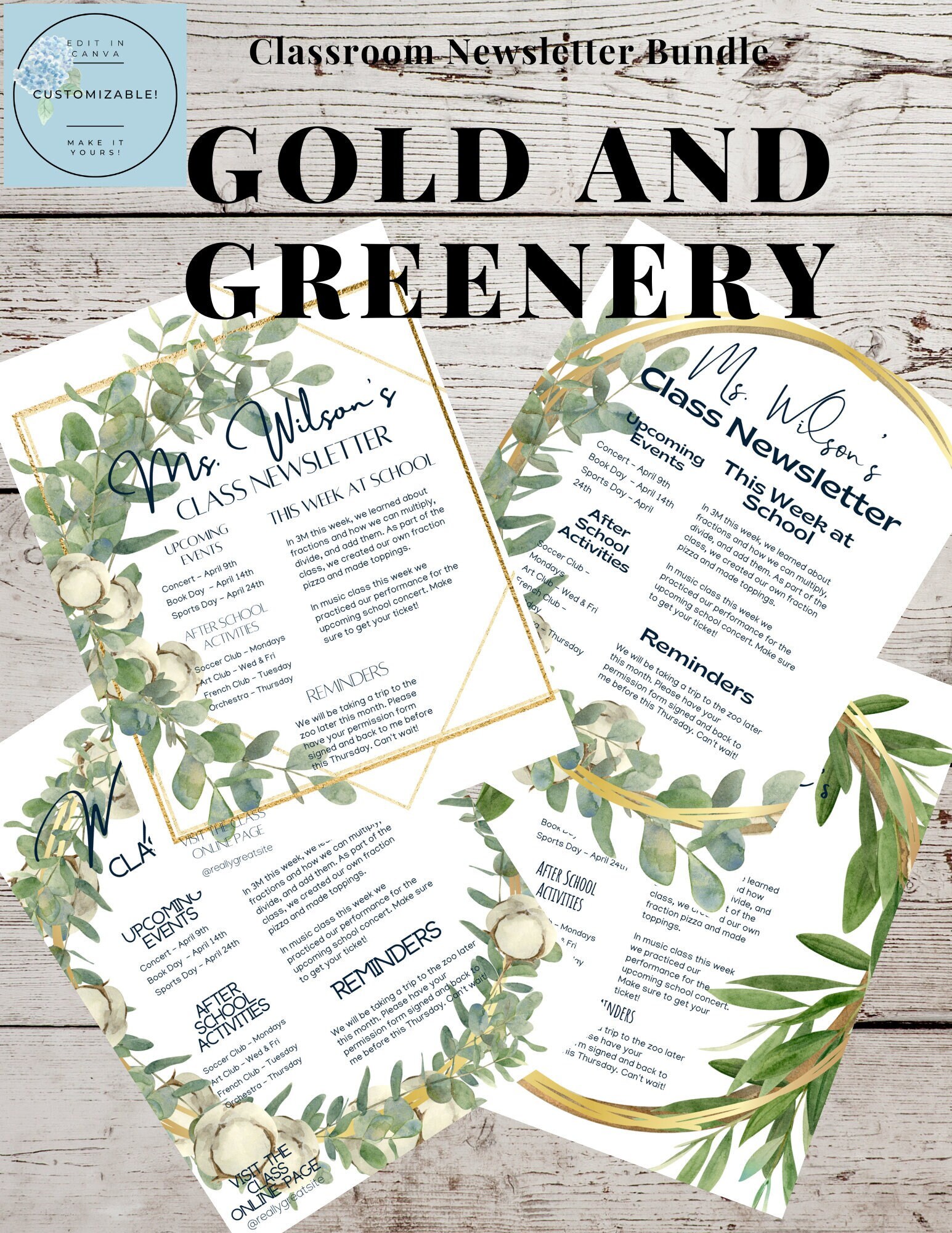 Gold and Greenery Classroom Newsletter Bundle: Digital, Editable ...