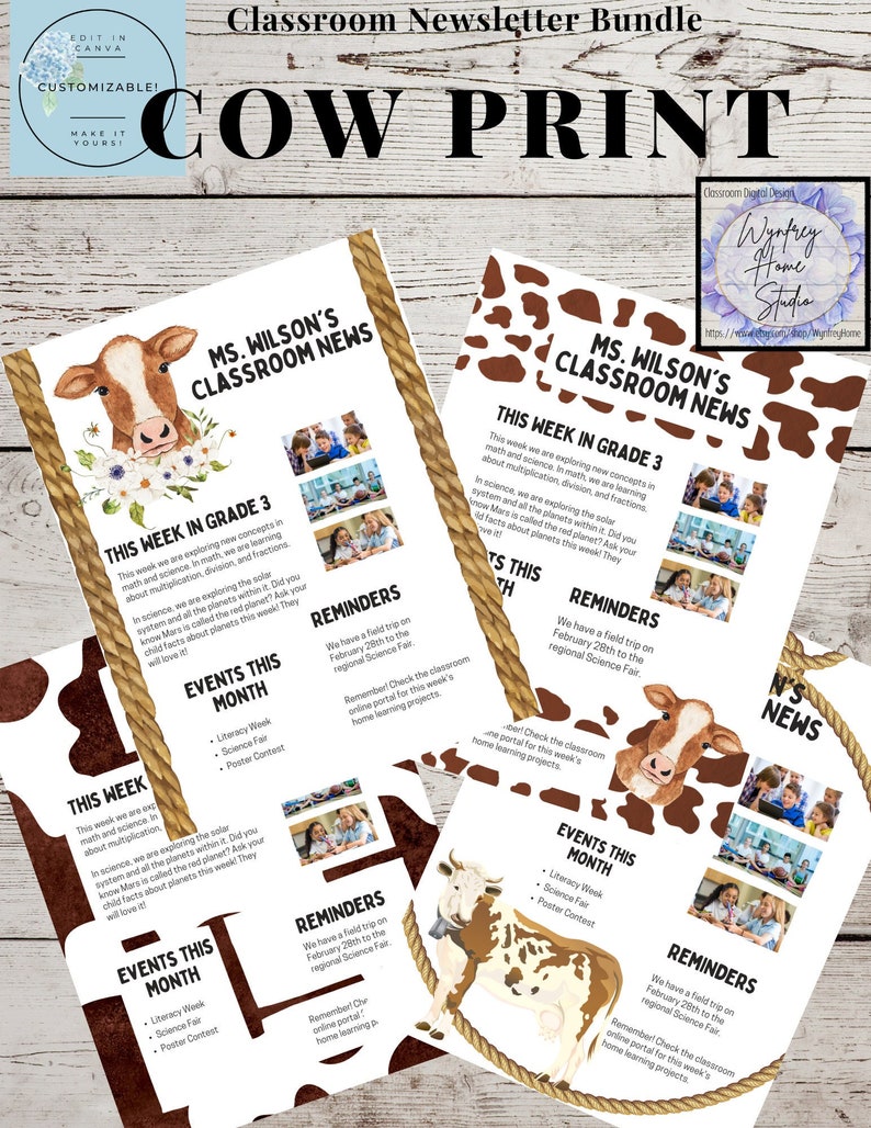 Cow Print Classroom Newsletter Bundle: Digital, Editable, Printable ...