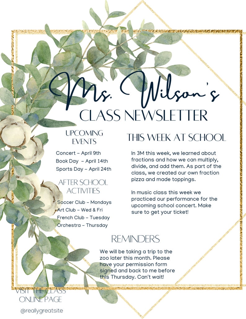 Gold and Greenery Classroom Newsletter Bundle: Digital, Editable ...