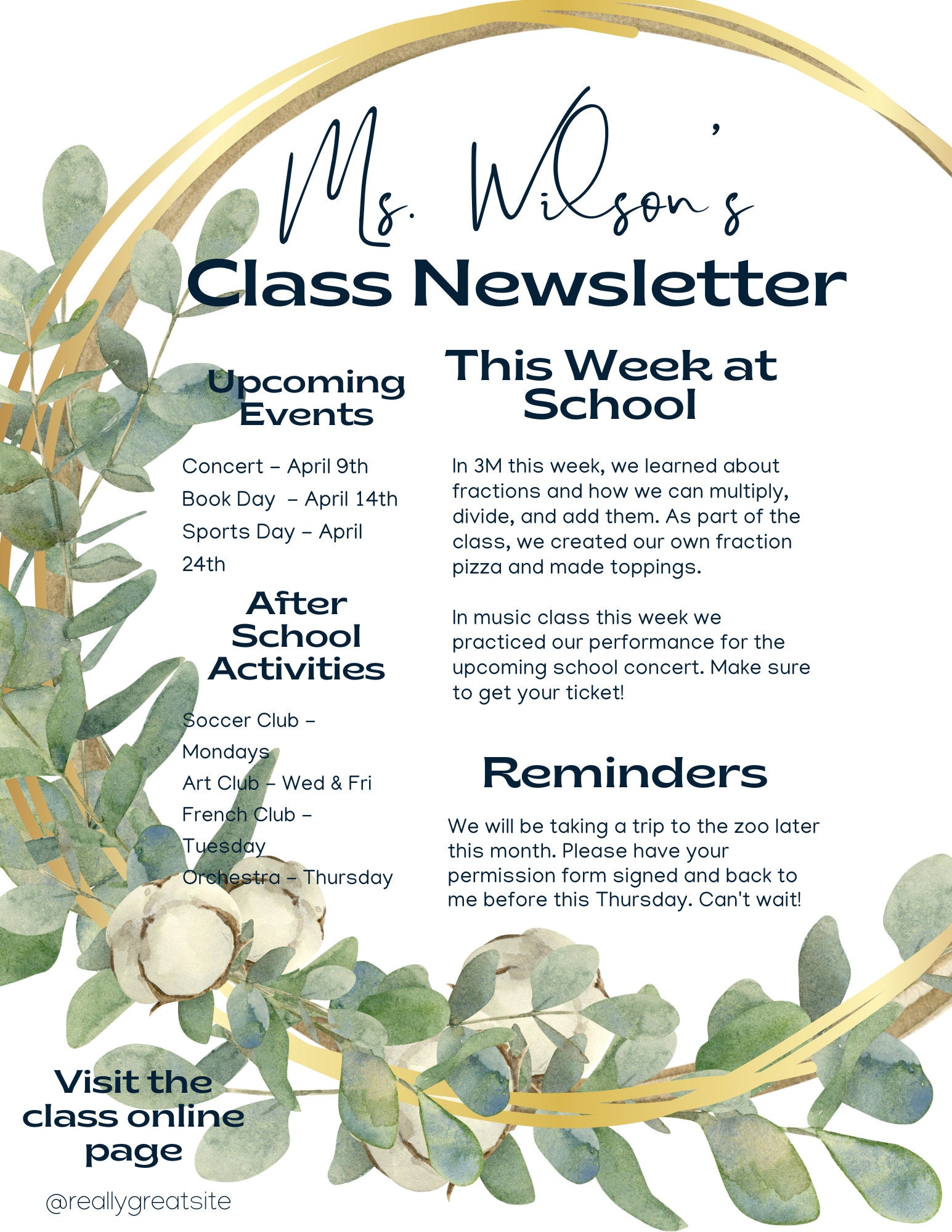 Gold and Greenery Classroom Newsletter Bundle: Digital, Editable ...