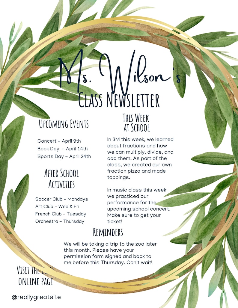 Gold and Greenery Classroom Newsletter Bundle: Digital, Editable ...