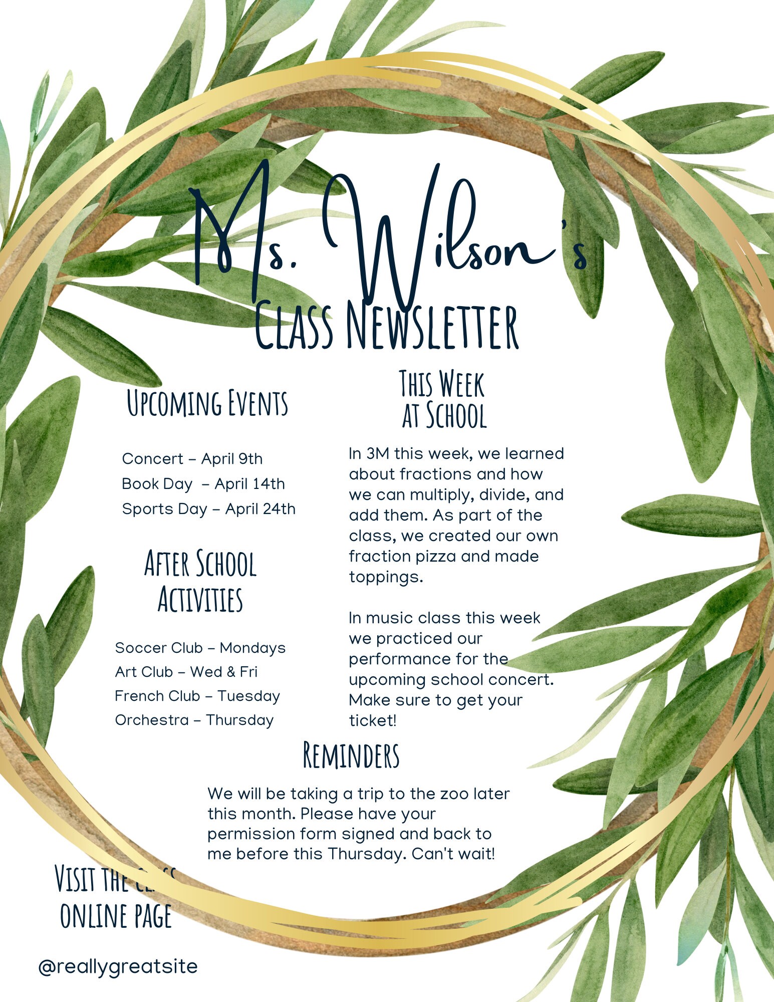 Gold and Greenery Classroom Newsletter Bundle: Digital, Editable ...