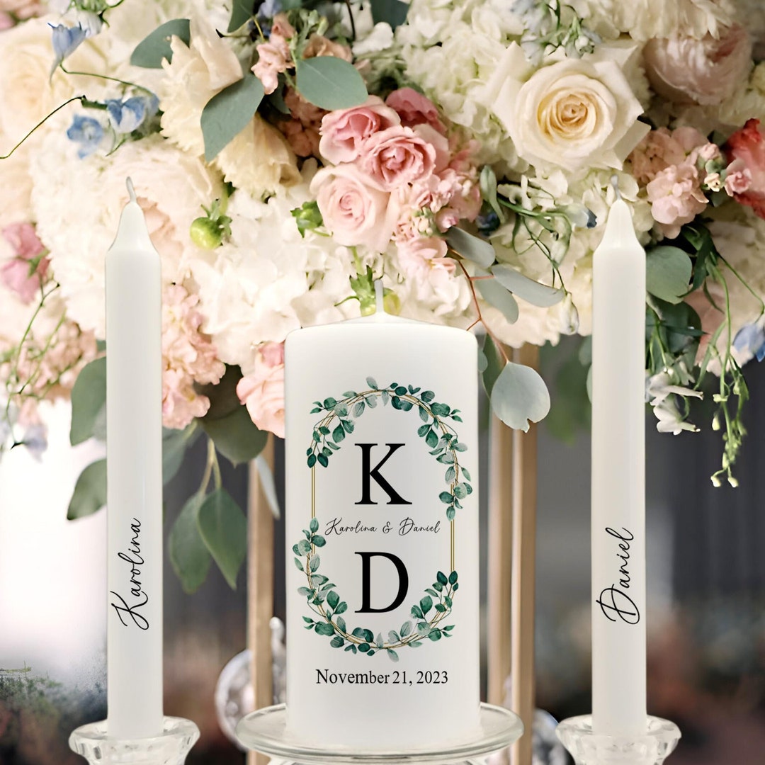 Green Eucalyptus Leaf on Gold Frame Monogram Wedding Unity Candle ...