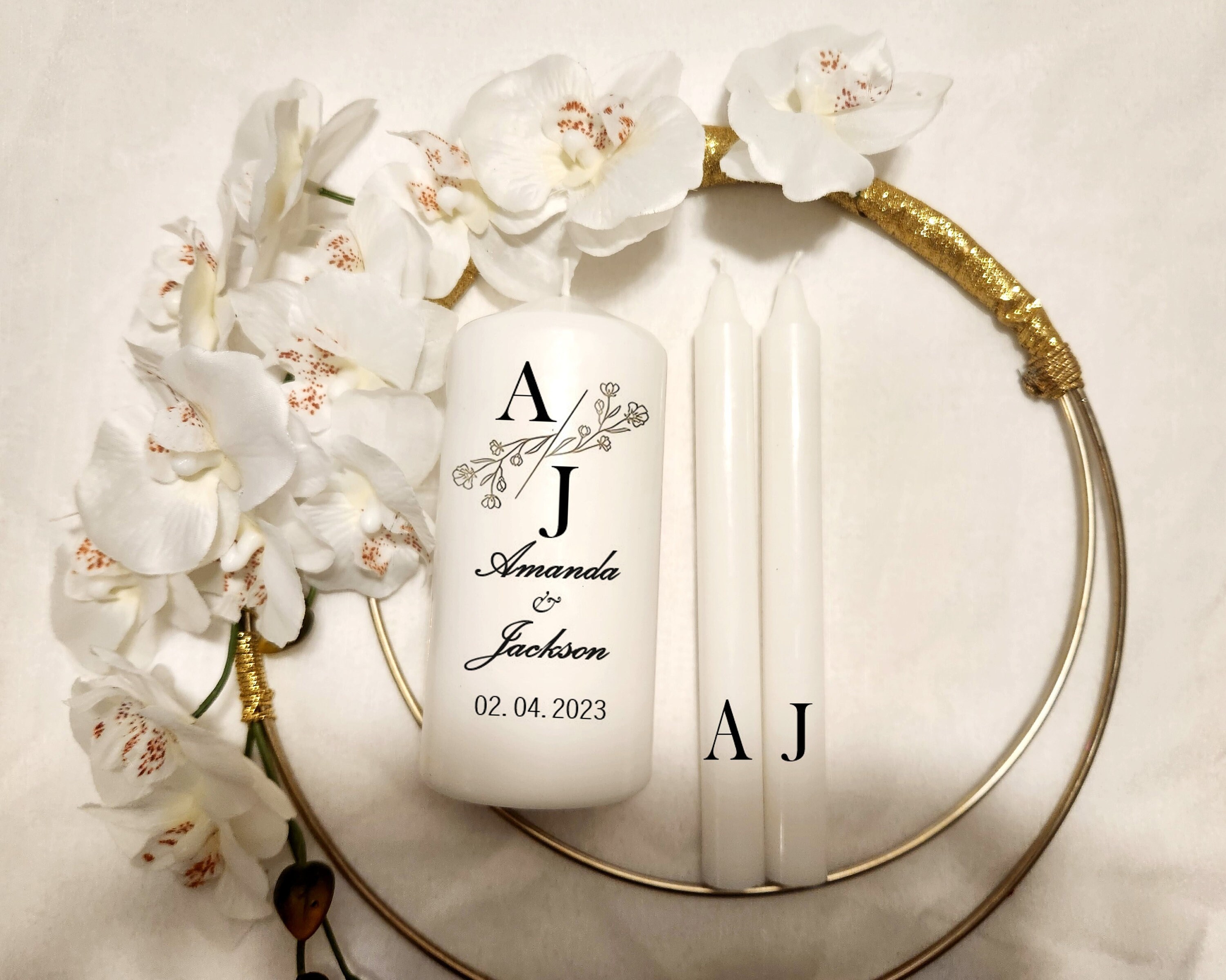 Personalized Wedding Unity Candle Set, Black Initials & Gold Floral ...