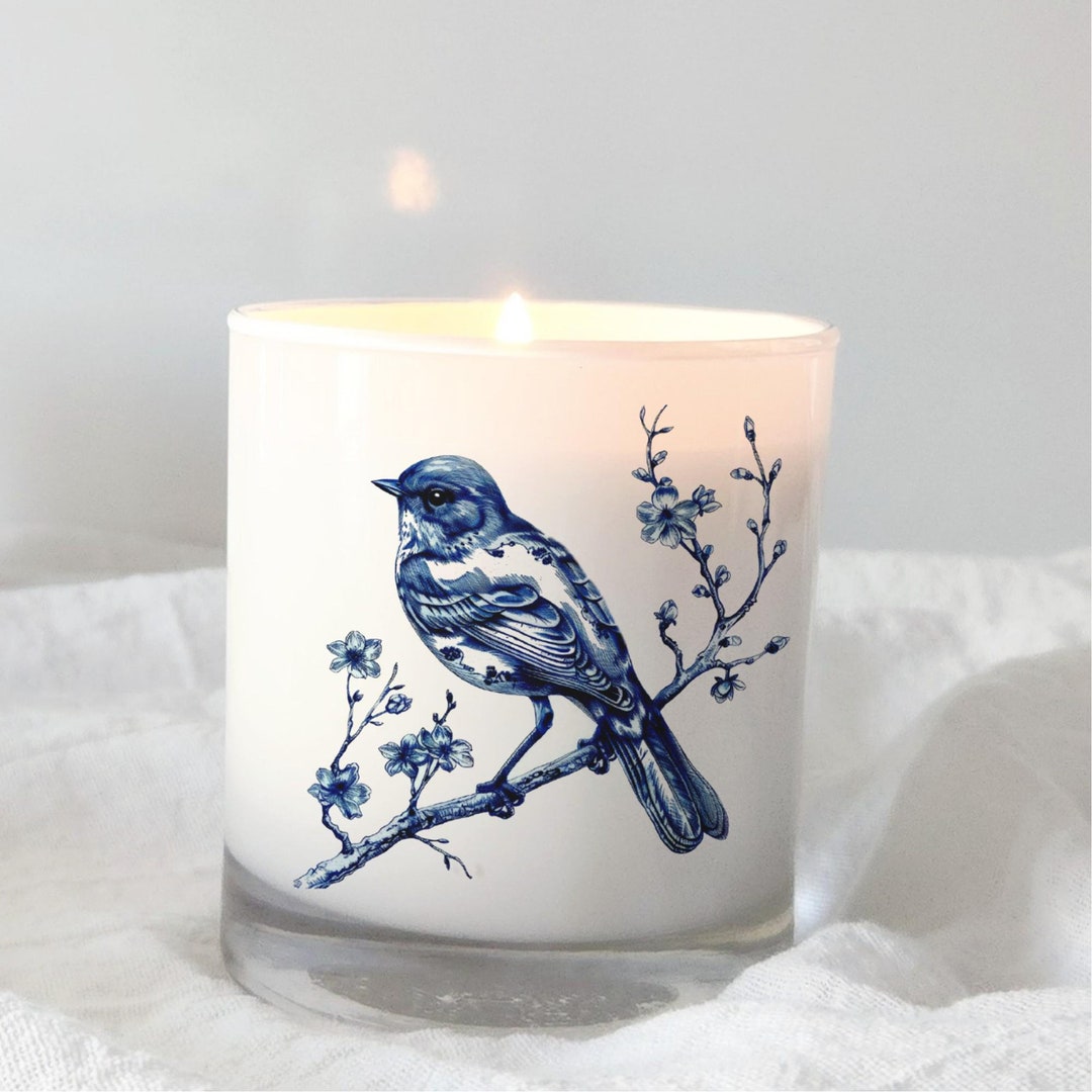 Navy Blue Chinoiserie Soy Wax Candle, Blue Bird on Floral Branch Candle ...