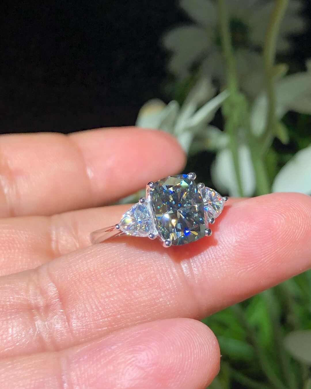 Gray Moissanite Engagement Ring, 2.5 Ct Dark Grey Cushion Cut ...