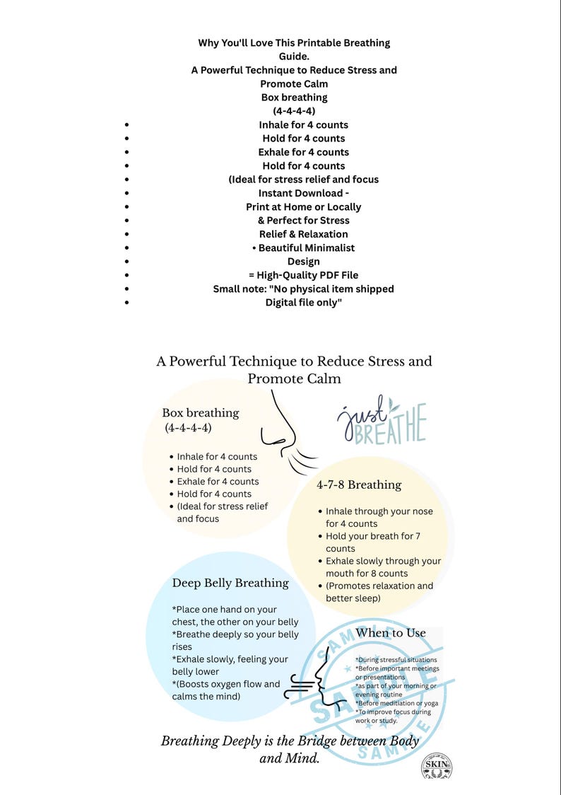 Breathing Exercise Guide Printable: Box, 4-7-8 and Deep Belly Breathing ...
