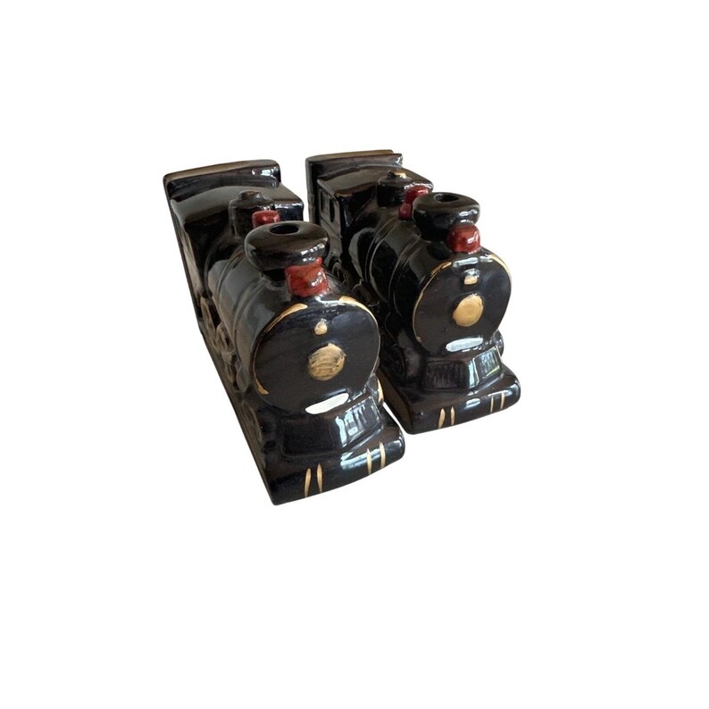 Vintage Japan Train Engine Ceramic Bookends Black & Gold With Red ...