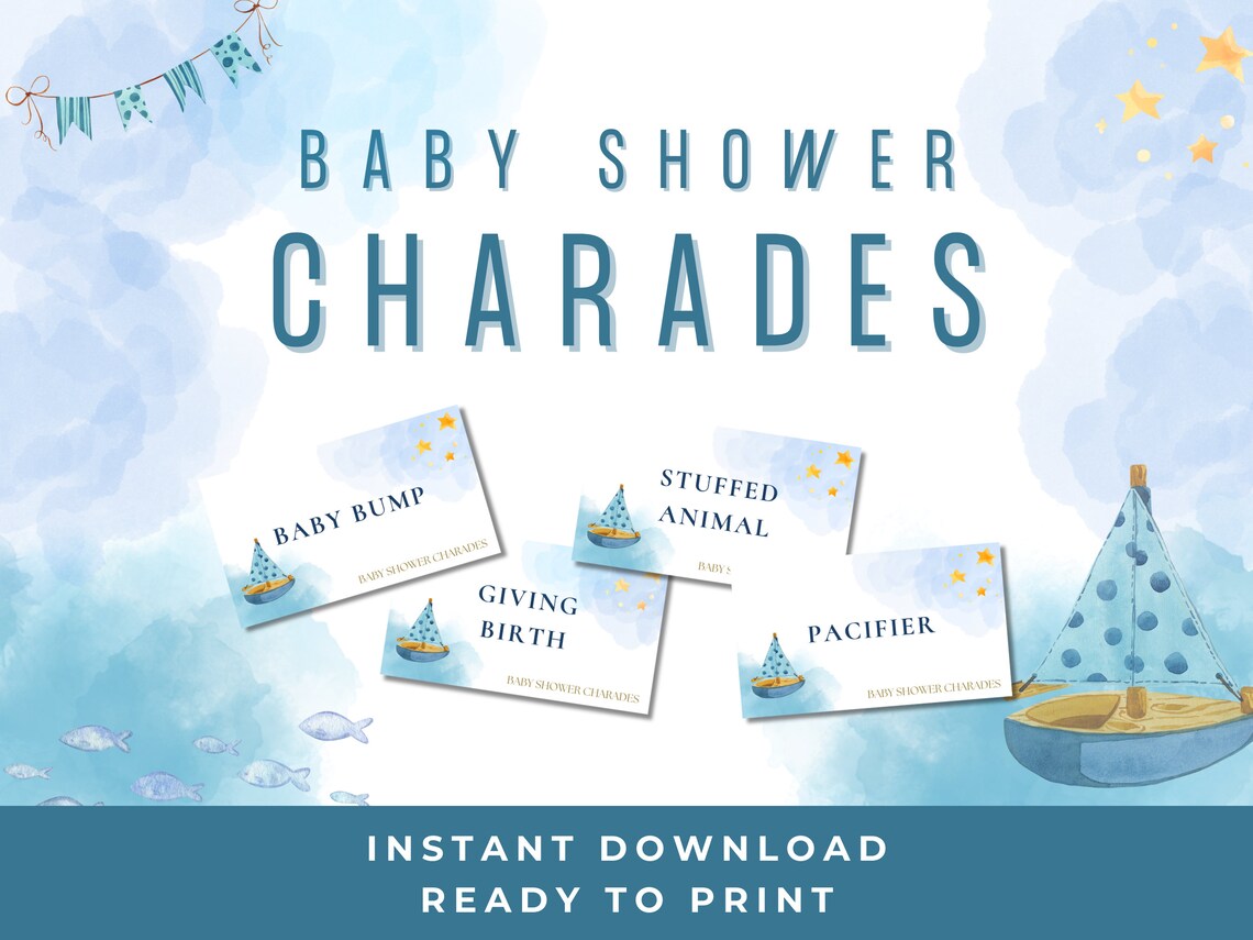 Baby Shower Charades, Blue Baby Charades, Charades, Baby Shower Starry ...