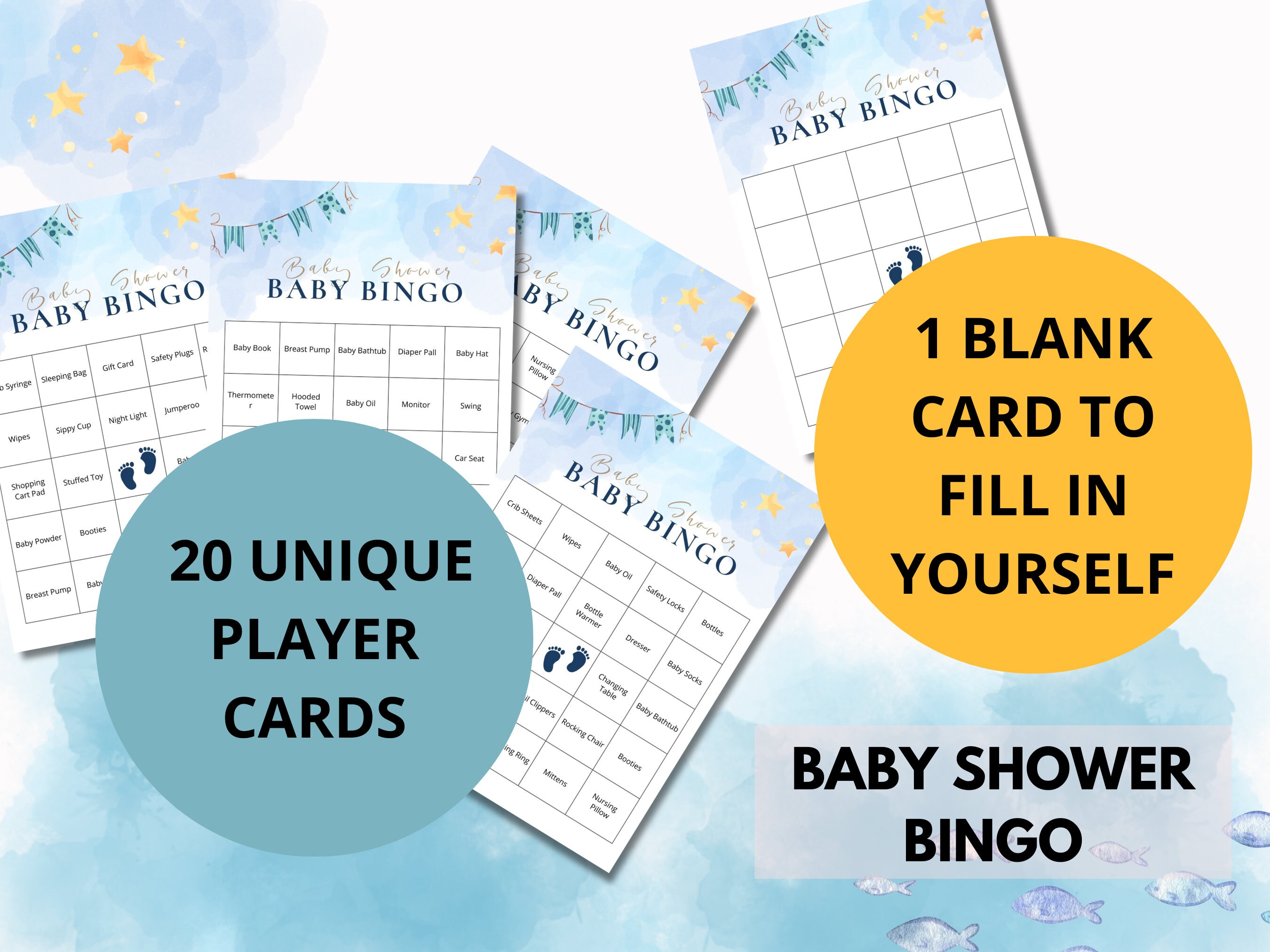 DIY Baby Shower Bingo Game - Blue Theme, 20 Prefilled Bingo Cards, Fun ...
