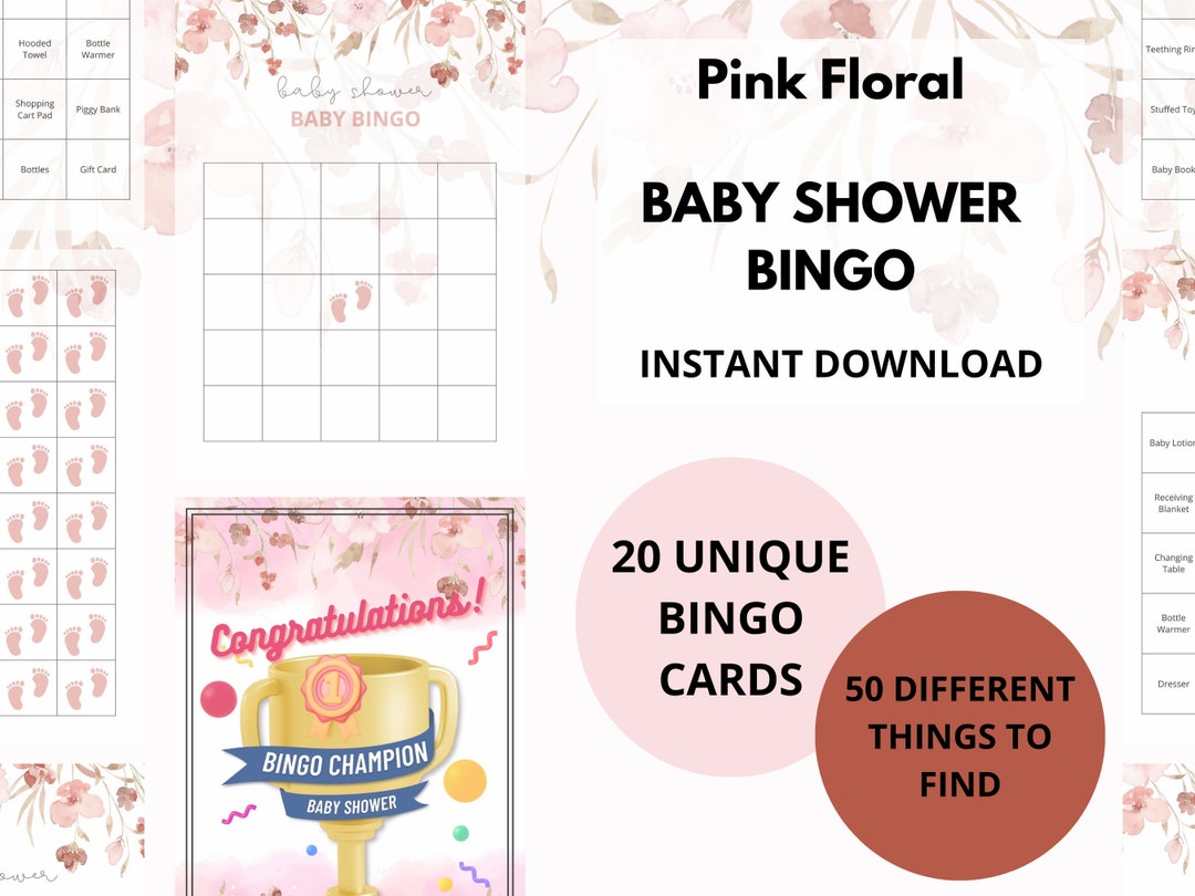 DIY Baby Shower Bingo Game - Pink Theme, Pink Floral Theme, 20 ...