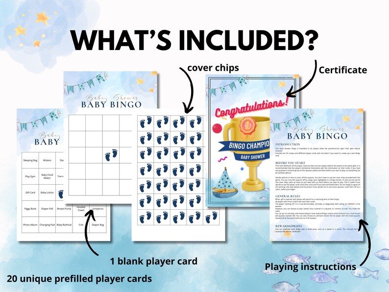 DIY Baby Shower Bingo Game - Blue Theme, 20 Prefilled Bingo Cards, Fun ...