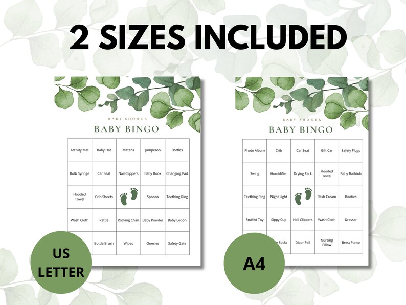 DIY Baby Shower Bingo Game - Green Theme, Green Eucalyptus Theme, 20 ...