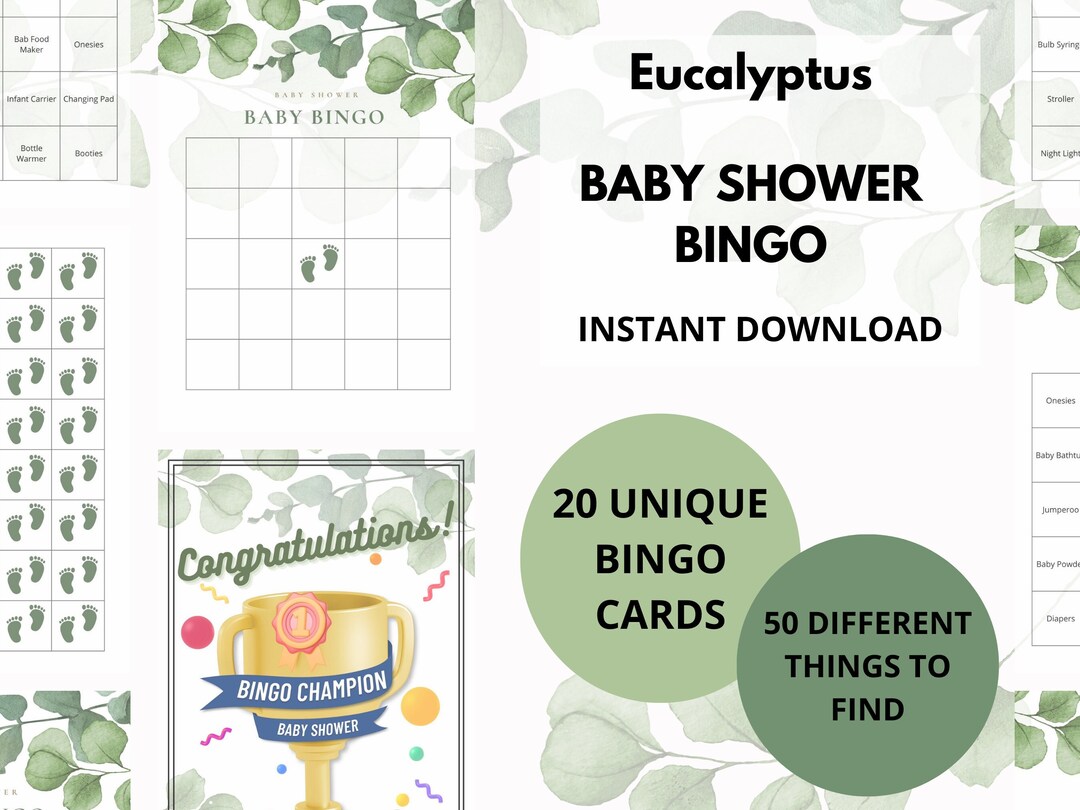 DIY Baby Shower Bingo Game - Green Theme, Green Eucalyptus Theme, 20 ...