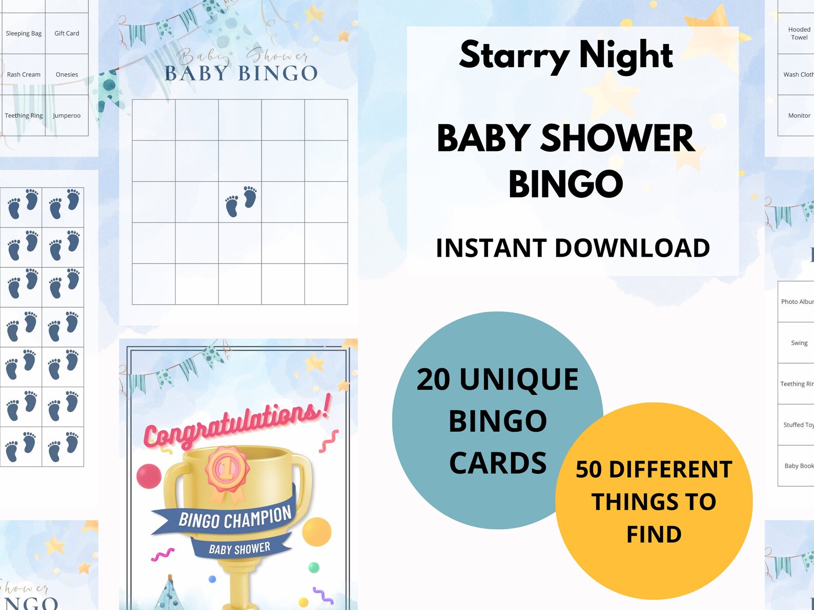 DIY Baby Shower Bingo Game - Blue Theme, 20 Prefilled Bingo Cards, Fun ...