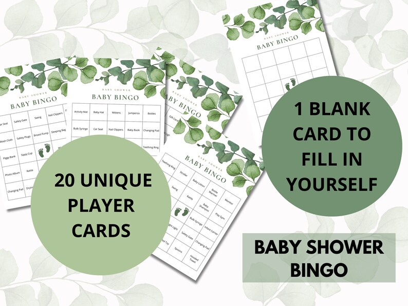 DIY Baby Shower Bingo Game - Green Theme, Green Eucalyptus Theme, 20 ...