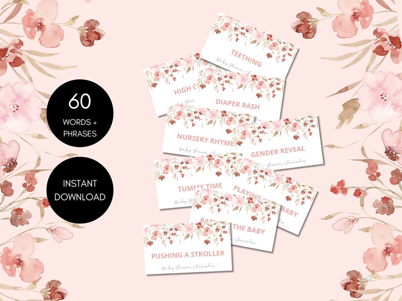 Baby Shower Charades, Pink Floral Baby Charades, Charades, Baby Shower ...