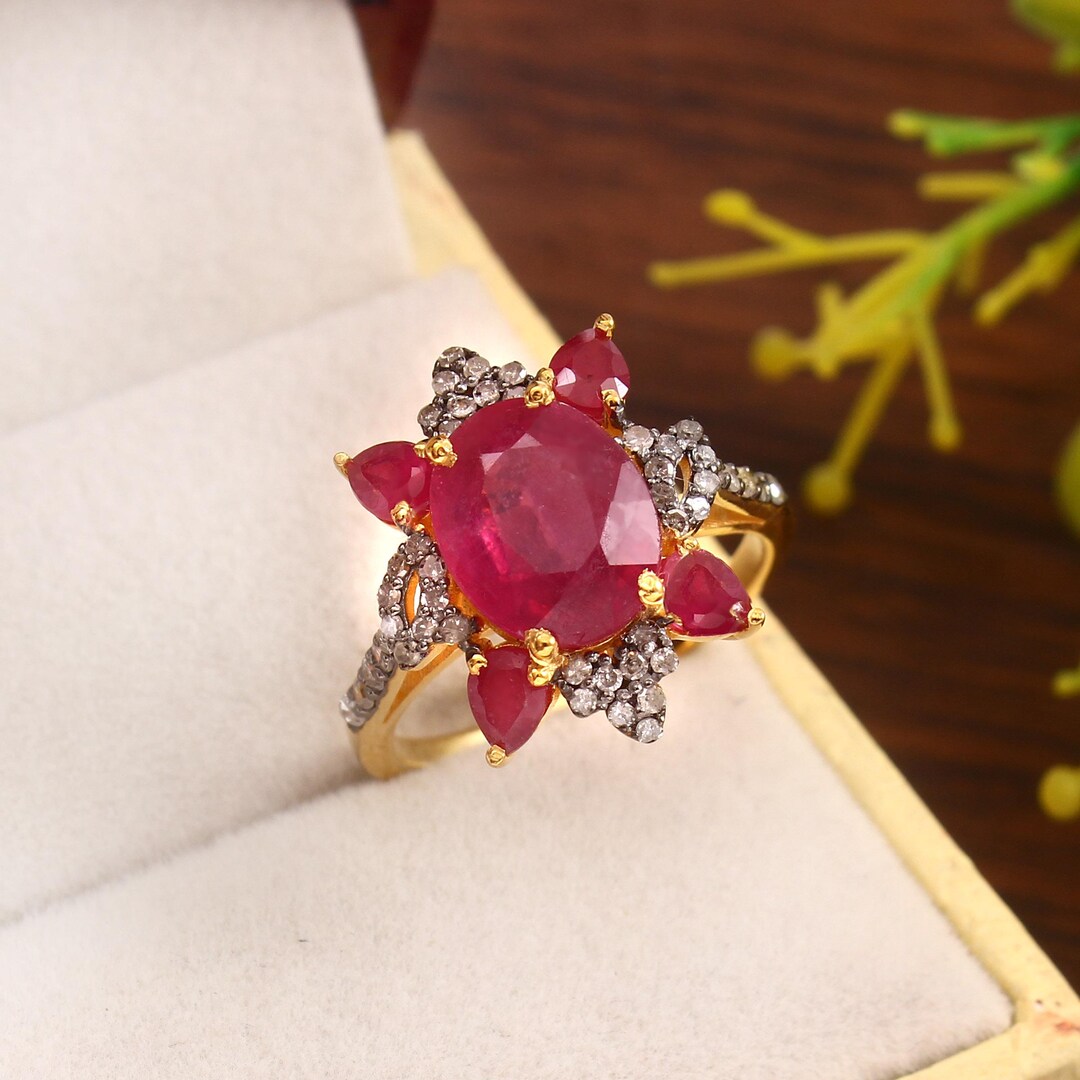 Natural Ruby & Pave Dimond Ring Solitaire Engagement Ring Solid 925 ...