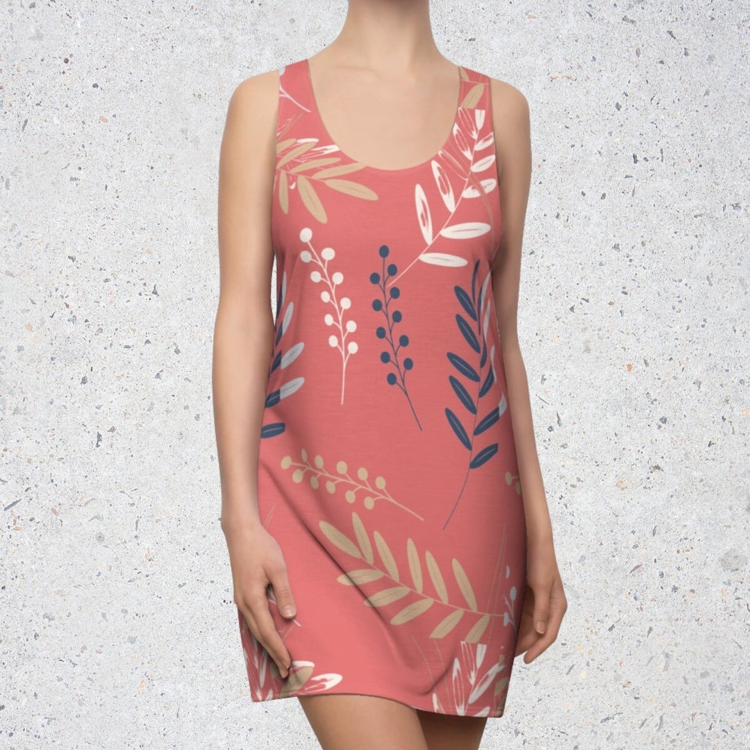 Boho Aesthetic Patterned Subdued Flower Branched AOP Womens Racerback Dress, Minimalistic Summer ...