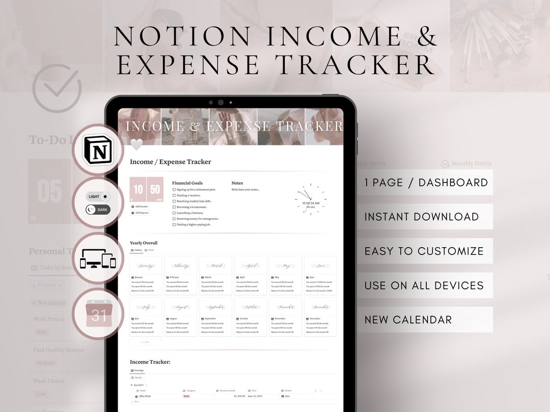 Digital Notion Income & Expense Tracker | Annual Budget Tracker ...