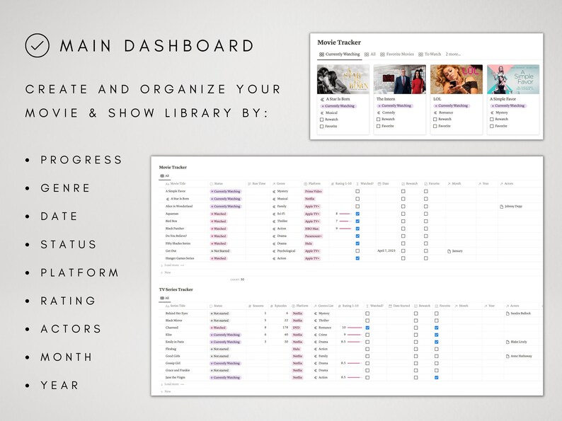 Movie & TV Show Tracker Notion Template | Digital Household Planner ...
