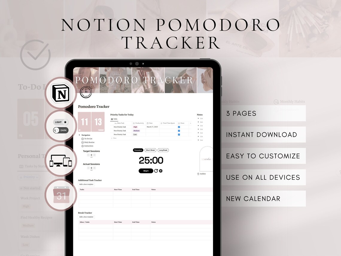 Digital Pomodoro Tracker Template for Notion | Work Planner Notion ...