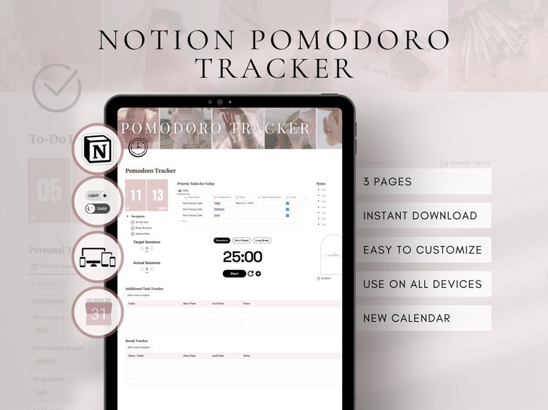 Digital Pomodoro Tracker Template for Notion | Work Planner Notion Template | Productivity ...